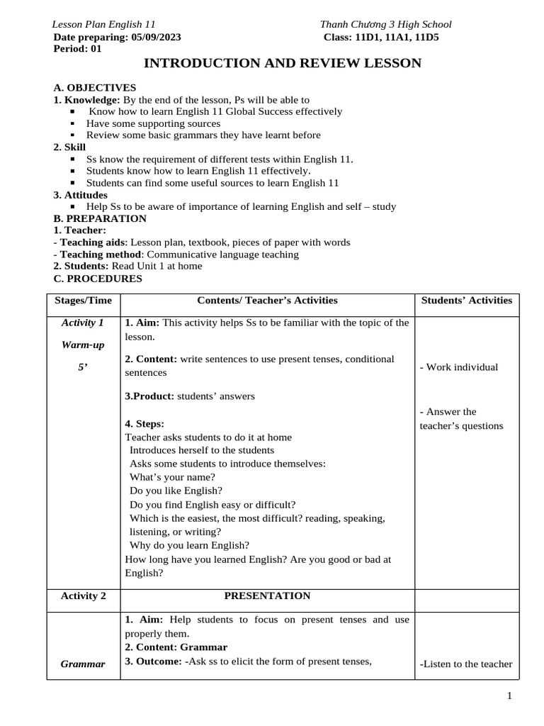 Lesson Plan English 11 - Term 1 | PDF | English Language | Procedural ...