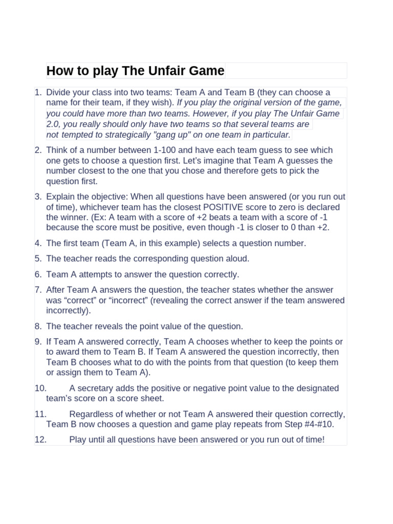 How to Play the Unfair Game | PDF