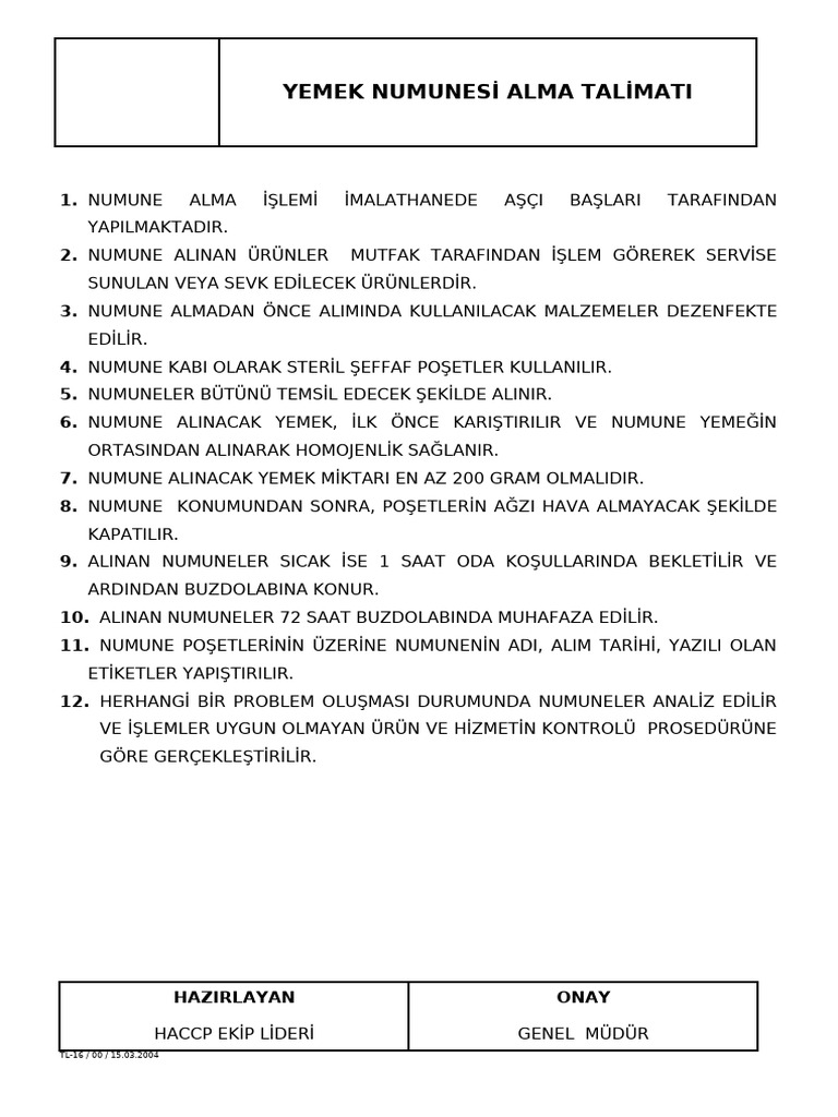 Tl 16 Yemek Numunesi Alma Talimati | PDF