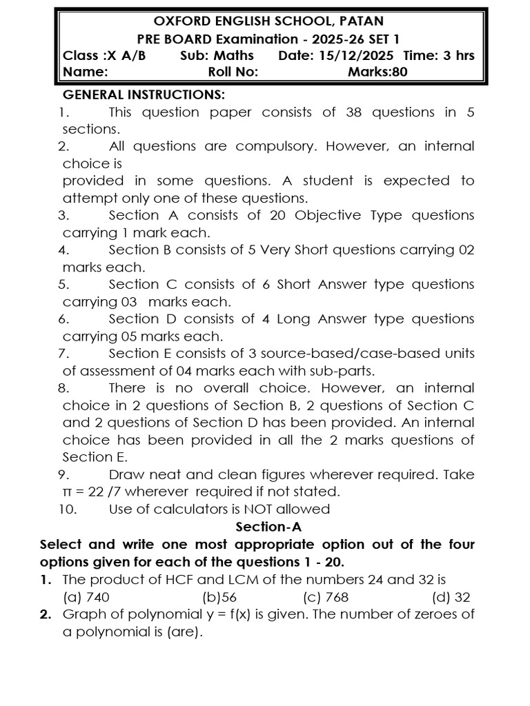 x Maths Pb 1 Set 1 2025-26 | PDF | Quadratic Equation | Area