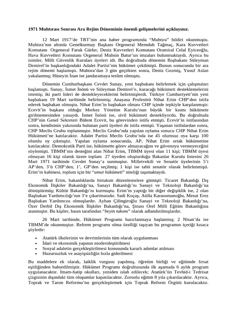 1971 Muhtırası Sonrası Ara Rejim Döneminin önemli gelişmeleri | PDF