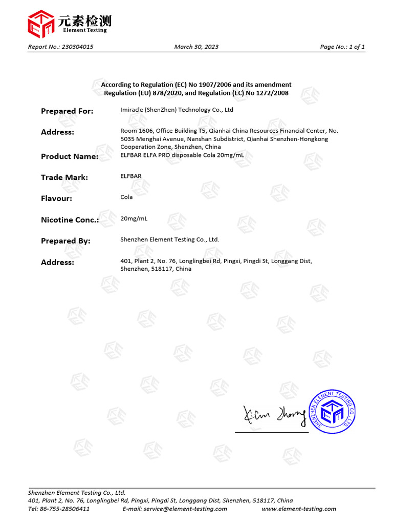 Elfbar Elfa Pro 2% Cola Sds Report 230304015 | PDF | Toxicity ...