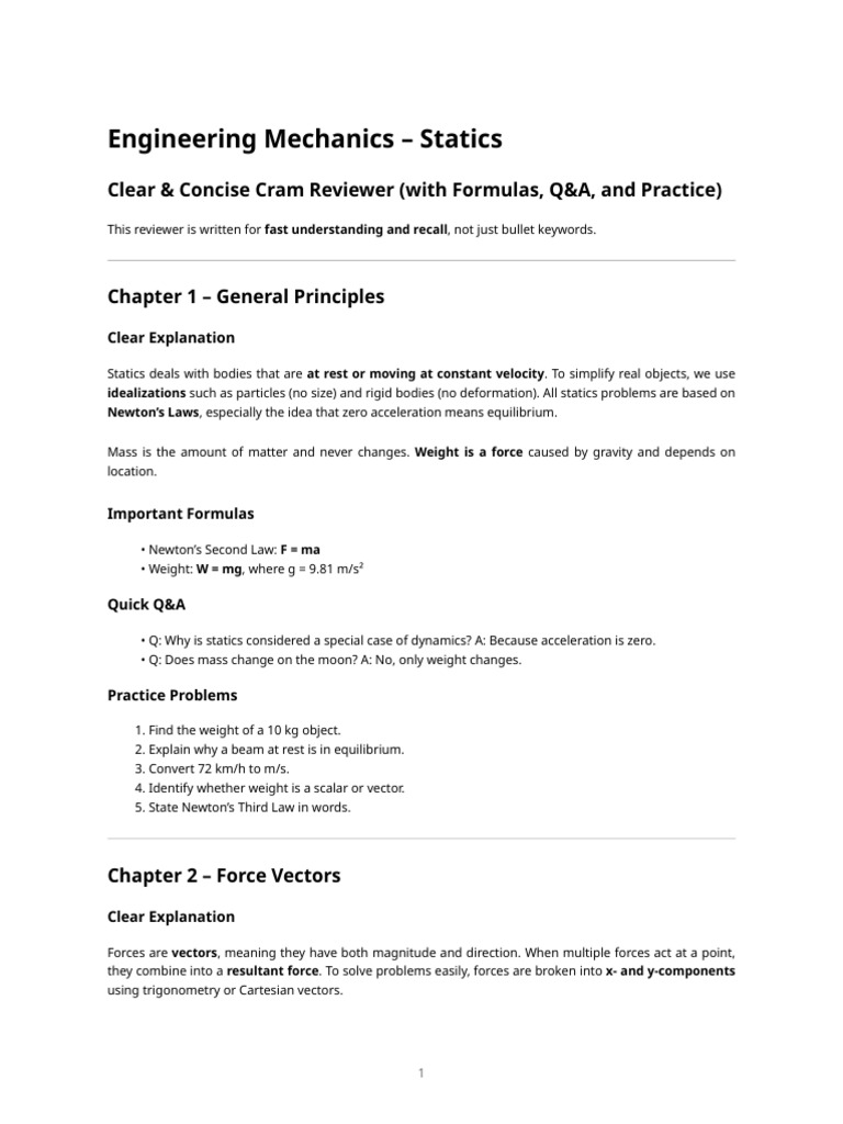 Engineering Mechanics Statics Reviewer | PDF | Force | Friction