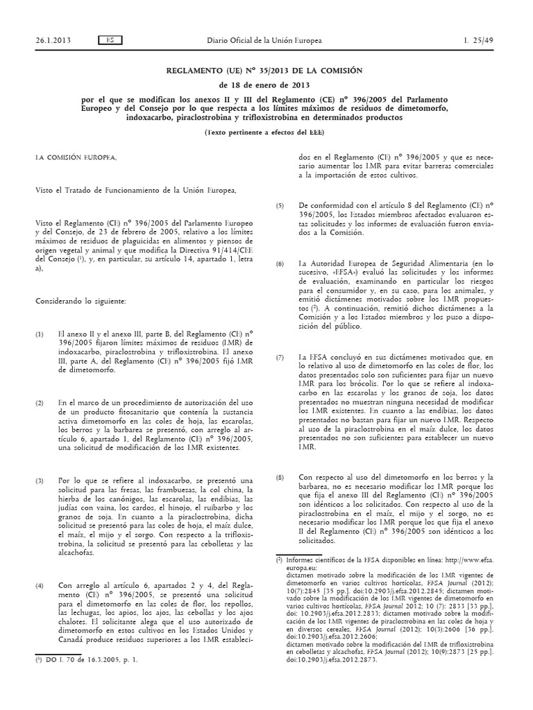 REGLAM 35-2013 de 18 de Enero de 2013 Por El Que Se Mod Los Anex II y III Del Reglam396-2005 ...