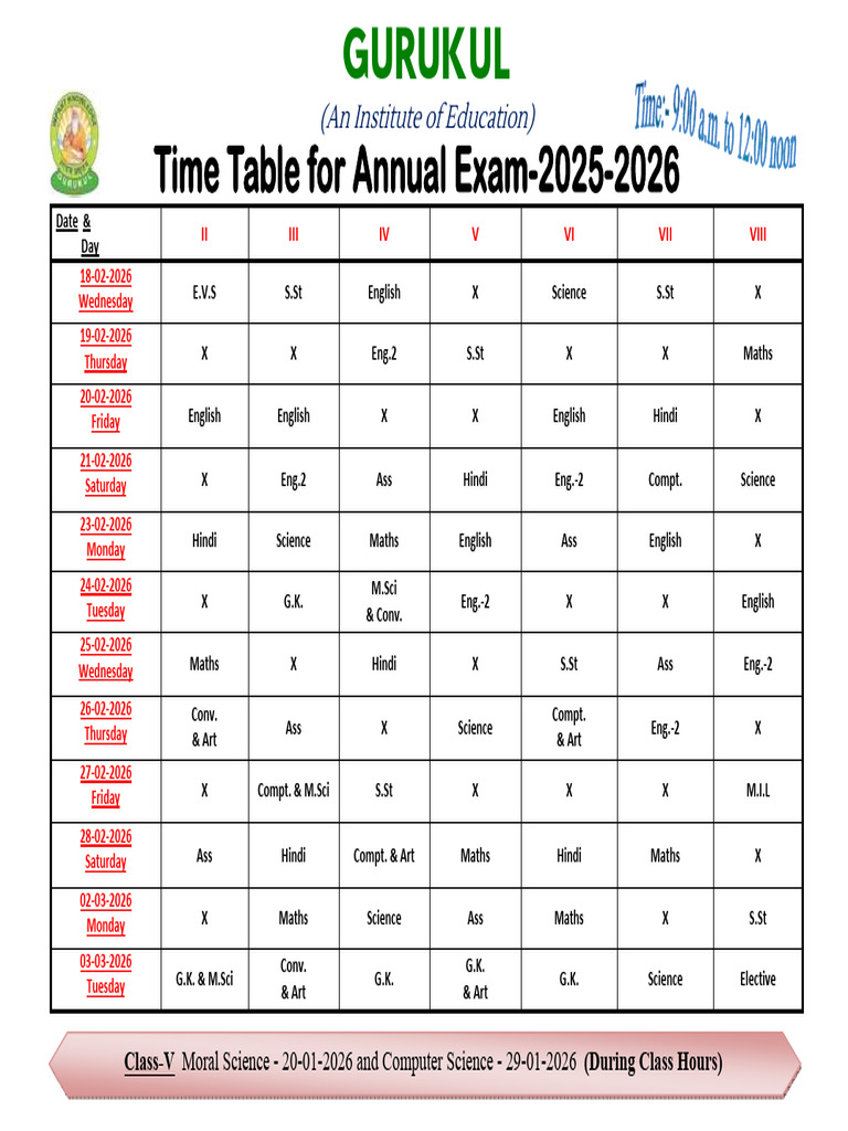 Time Table for Annual Exam-2025-2026 (Class-II to VIII) | PDF