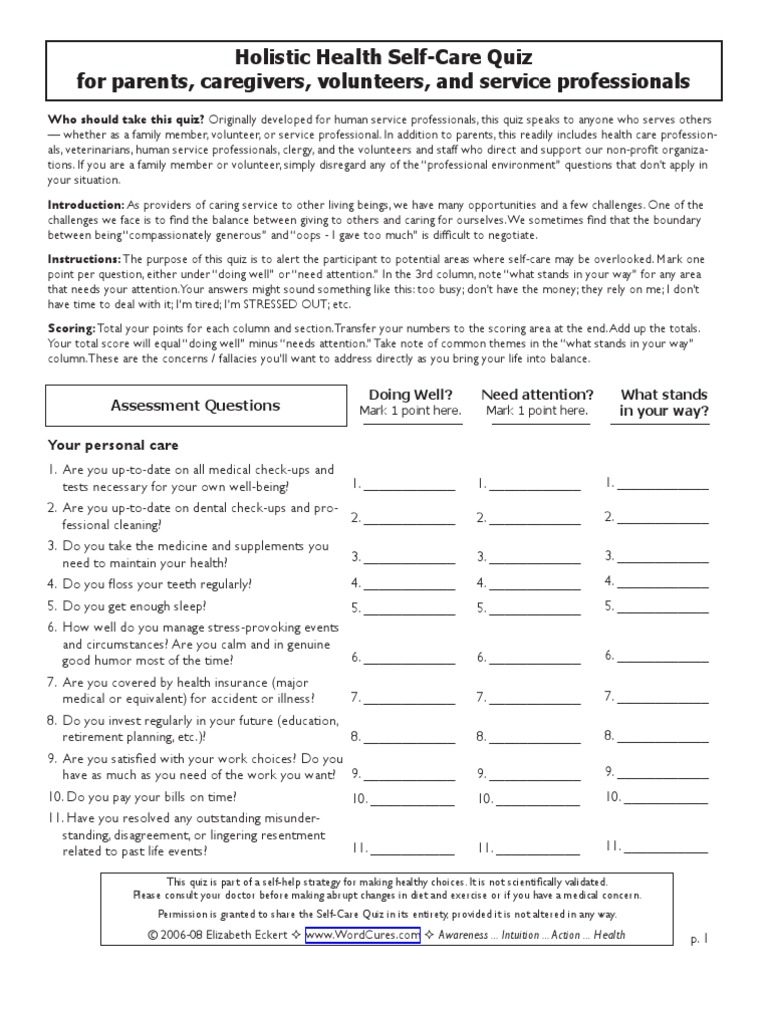 Self Care Quiz | Caregiver | Psychological Concepts