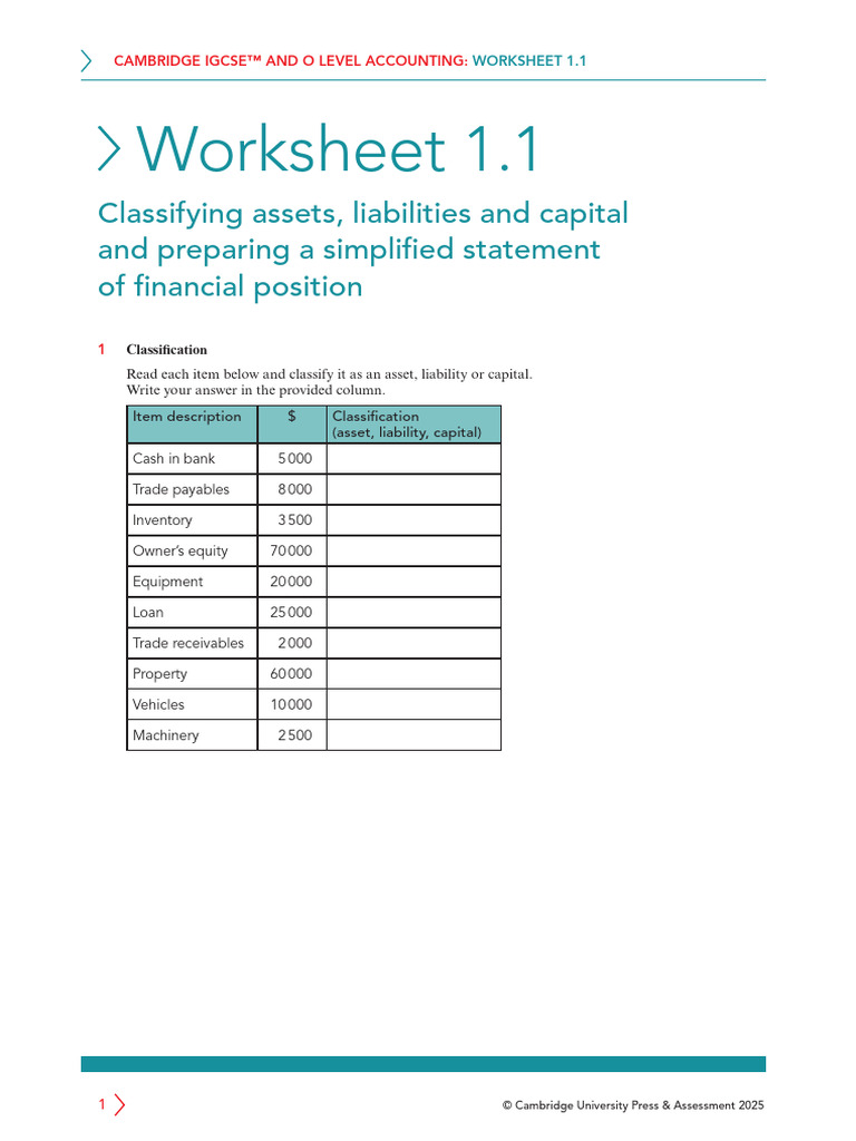 IGCSE Accounting Worksheets: Assets & Liabilities | PDF | Debits And ...