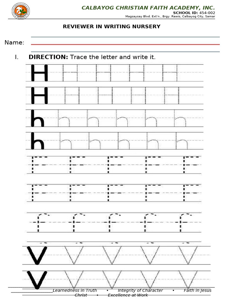 Calbayog Christian Faith Academy Nursery Writing Reviewer | PDF