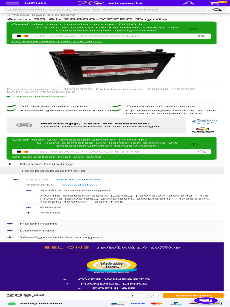Accu 35 Ah 28800-YZZPC Toyota Voor o.a. LEXUS, ToYOTA Winparts.be ...