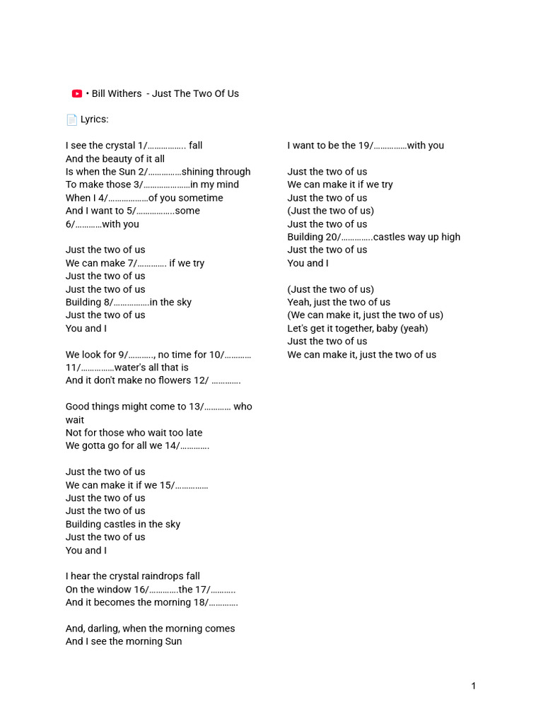 Bill Withers Just The Two Of Us Lyrics | PDF | Songs Written | Sound ...