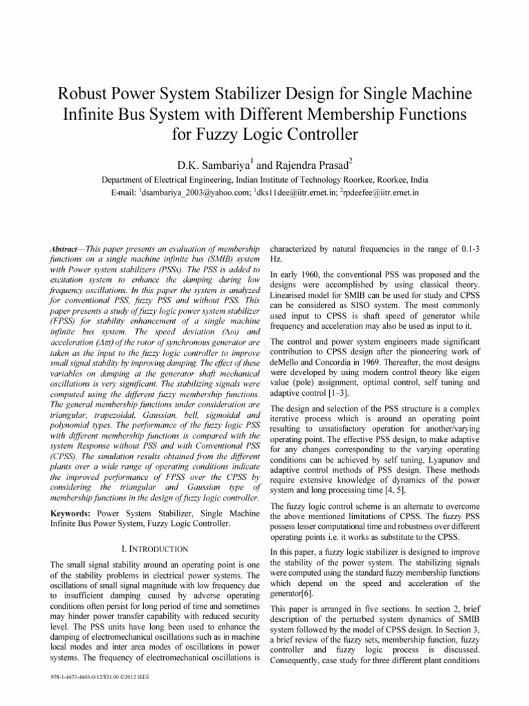 Robust Power System Stabilizer Design For Single Machine Infinite Bus ...