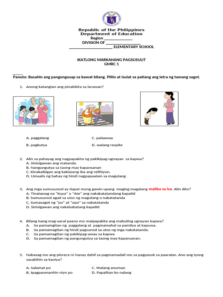 DTC PT q3 Grade 1 Matatag GMRC 1 + Tos | PDF