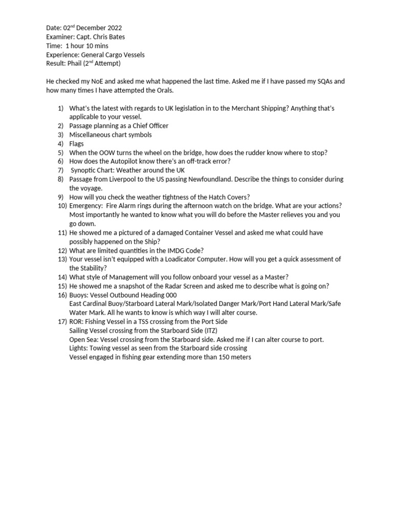 Chief Officer Oral Exam Review Guide | PDF