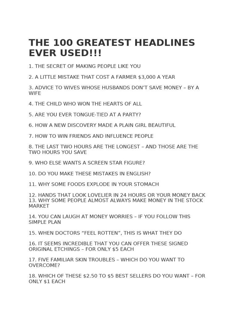 Top 100 Catchy Headlines for Marketing | PDF