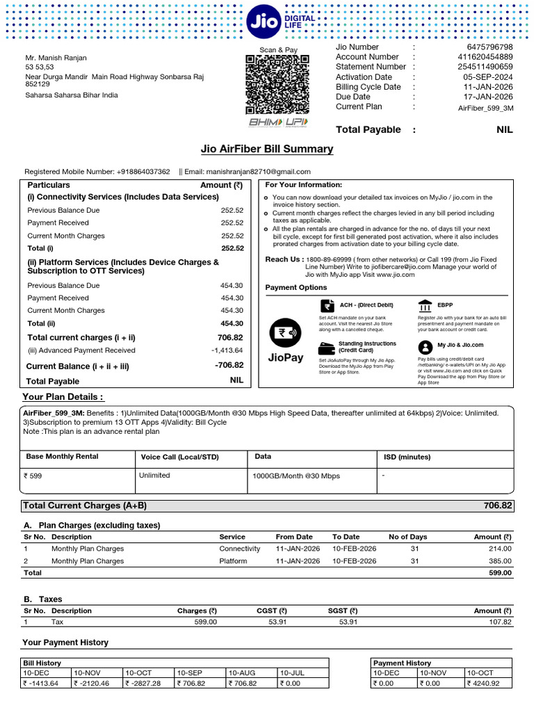 Jio AirFiber Bill Summary for Manish Ranjan | PDF | Payments | Credit Card