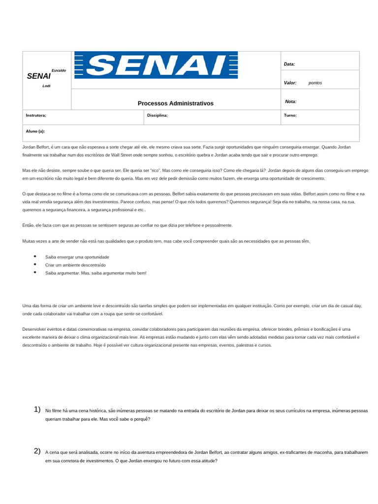 Questionário sobre o Lobo de Wall Street | PDF