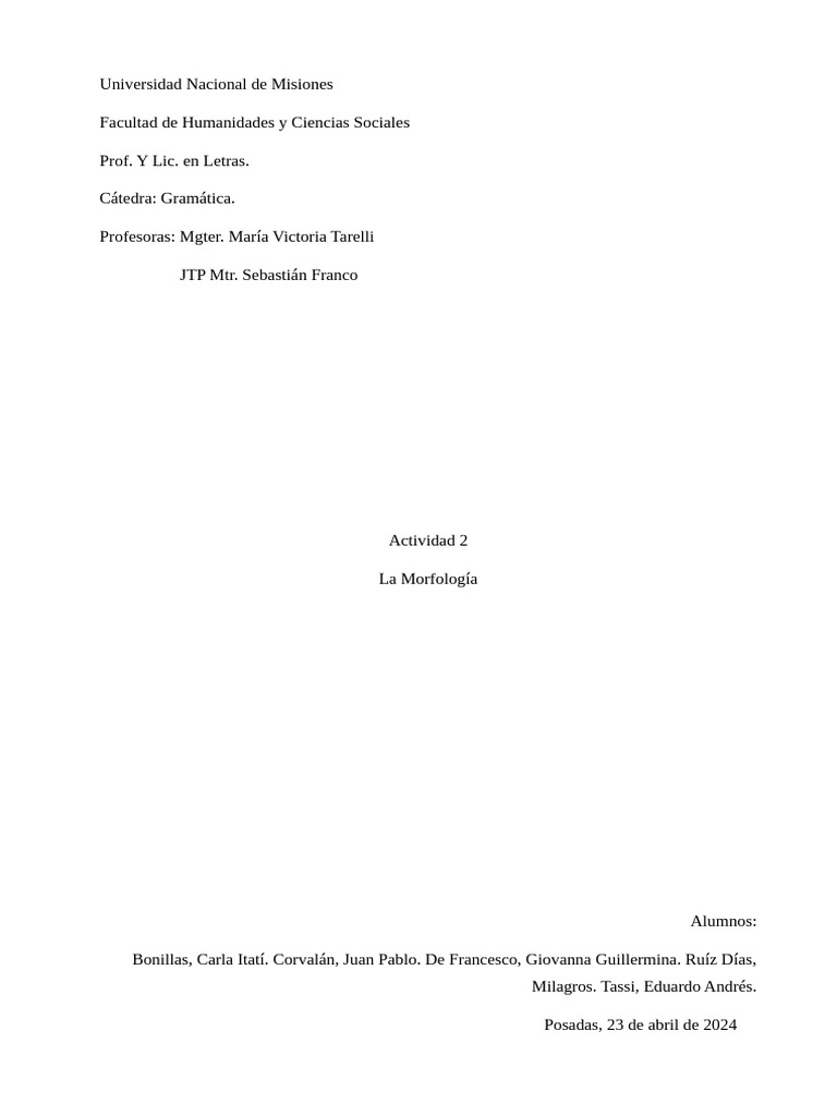 Actividad 2. Bonillas, Corvalán, De Francesco, Ruíz Díaz, Tassi. | PDF | Morfología (Lingüística ...