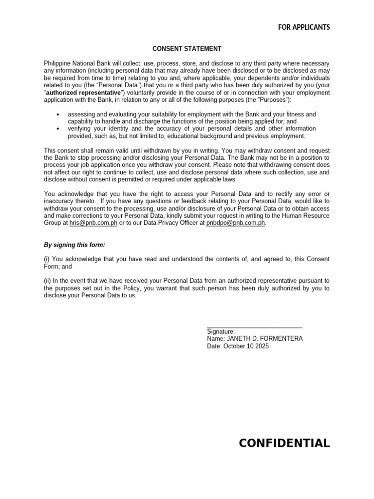 Applicant Consent Statement Signed | PDF | Consent