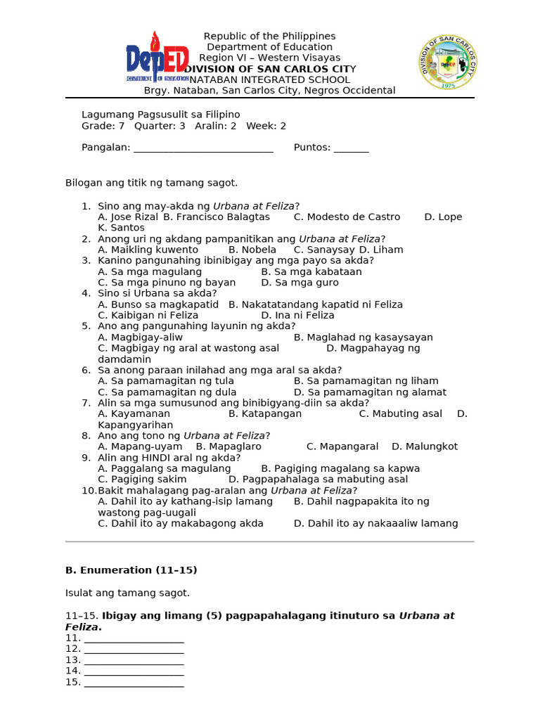 Filipino 7 Summative Test Aralin 2 Urbana at Feliza | PDF