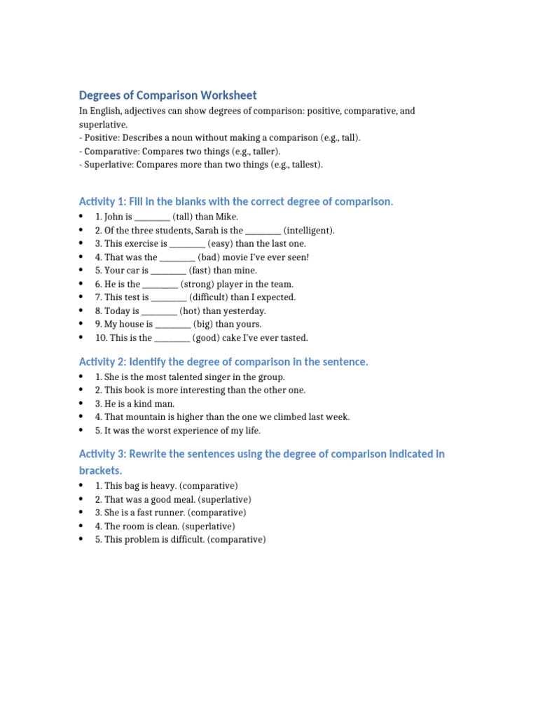 Degrees of Comparison in Adjectives Worksheet | PDF