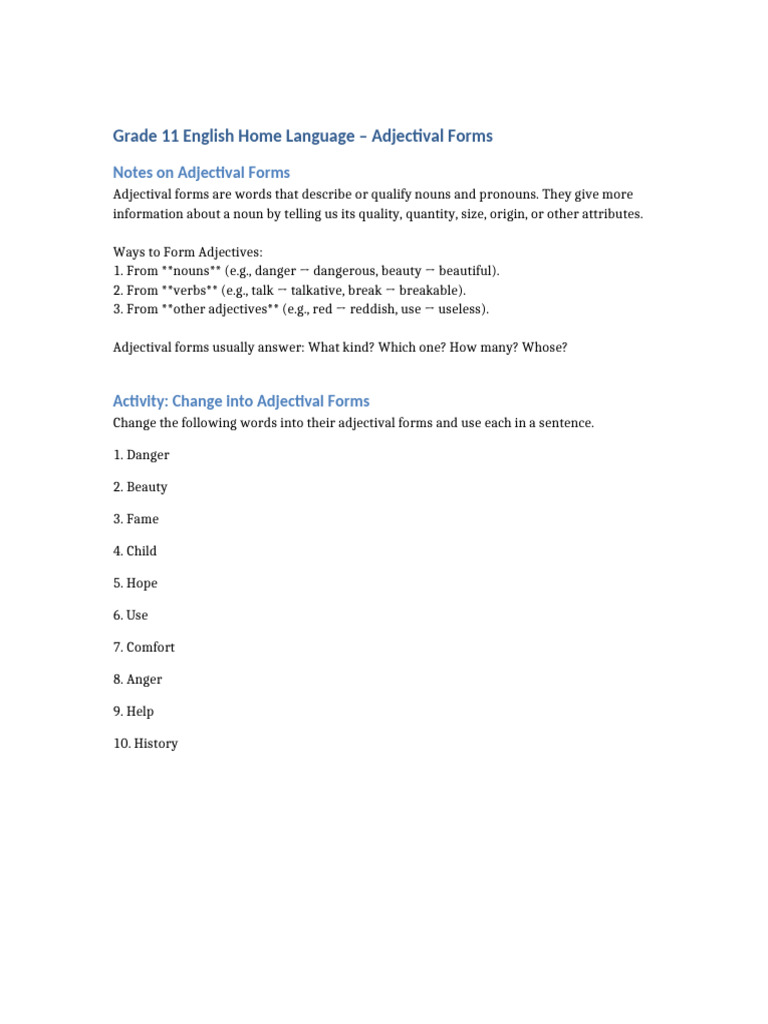 Adjectival Forms for Grade 11 English | PDF
