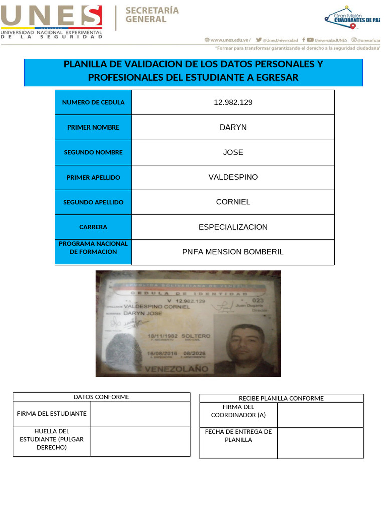 Planilla de Validacion Daryn | PDF