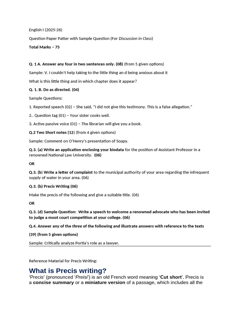English I Exam Pattern & Sample Questions | PDF | Grammar | Linguistics