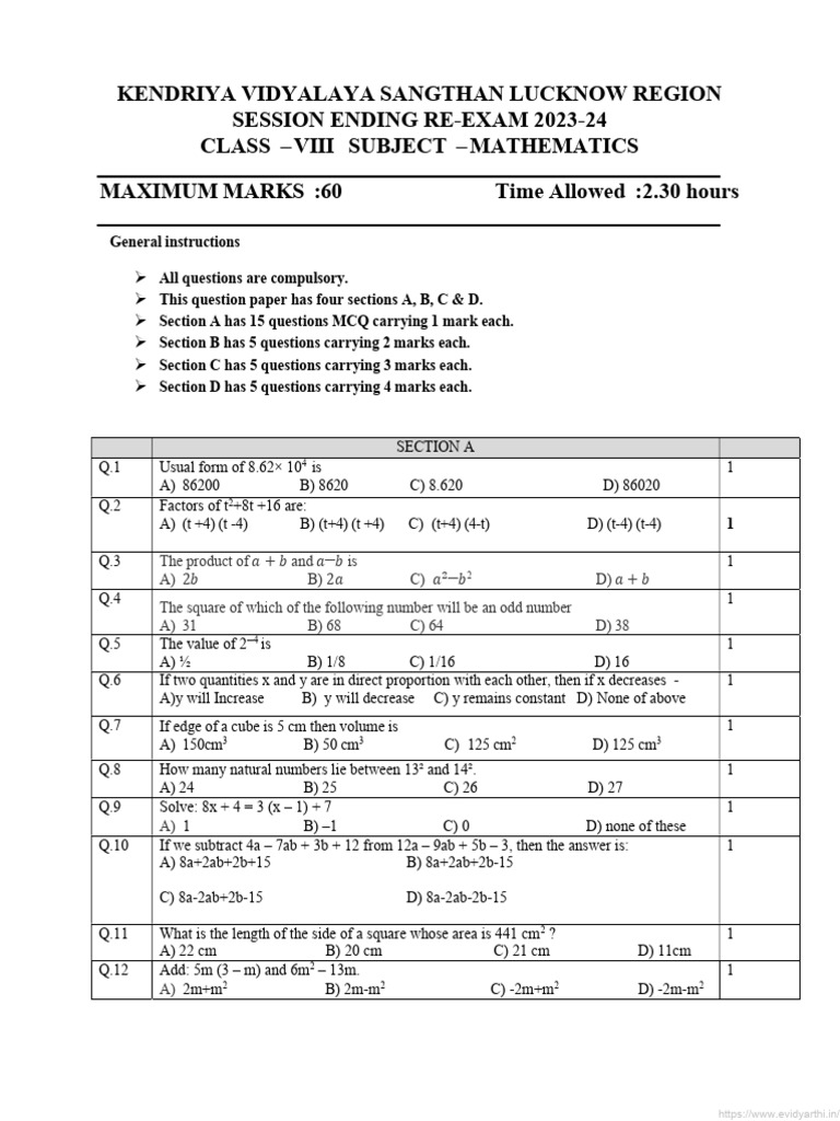 Cbse Class 8 Maths Previous Year Question Paper 2023 24 Term II Re Exam ...