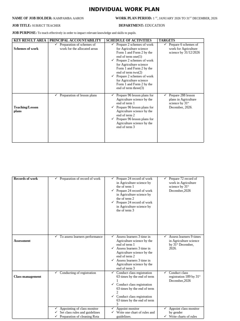 Individual Work Plan - Docxkampamba 2026 | PDF | Lesson Plan | Teachers