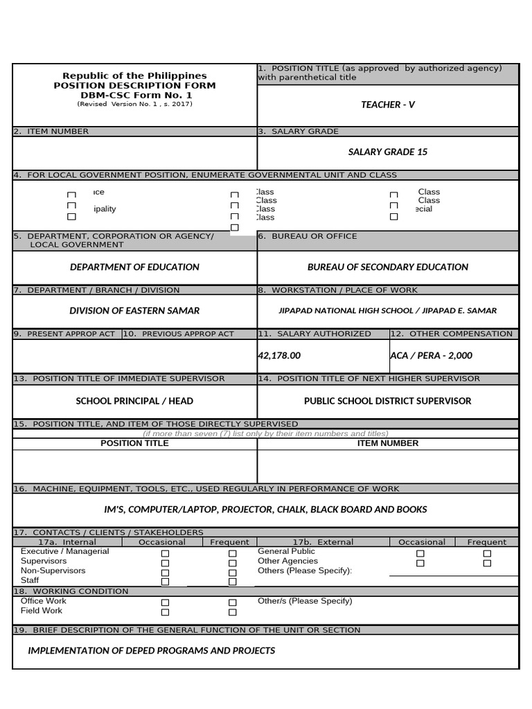 NEW DBM CSC Form No. 1 POSITION DESCRIPTION Forms | PDF | Learning ...
