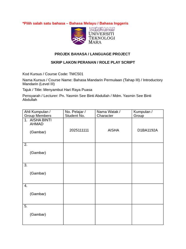 Format Draf Skrip Lakon Peranan TMC501 | PDF