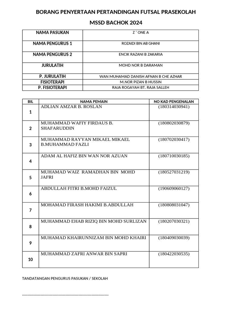 Borang Futsal Prasekolah Team A | PDF