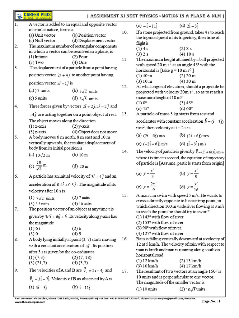 NEET Physics Assignment: Motion in Plane | PDF | Velocity | Acceleration