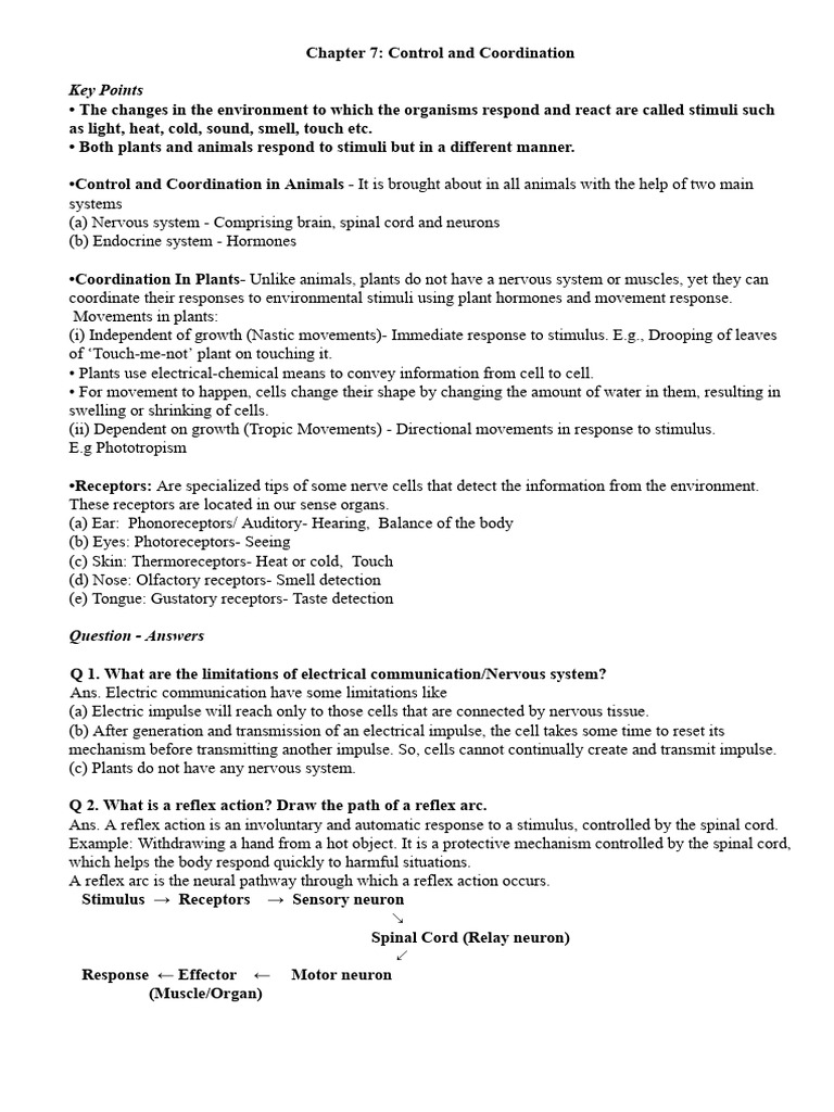 Control and Coordination Class X Q - A | PDF | Central Nervous System ...