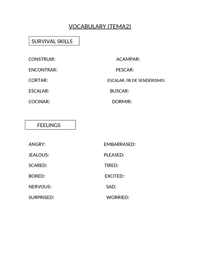 Vocabulary List: Survival & Emotions | PDF