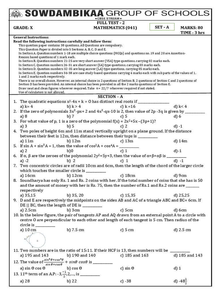 Mathematics Test Paper for Grade X | PDF | Chess Openings | Mathematics