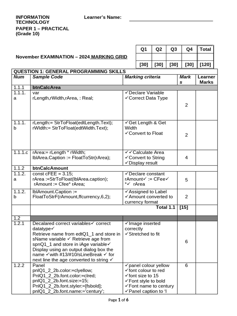 Grade 10 IT Practical Exam Marking Guide | PDF | Computer Programming ...