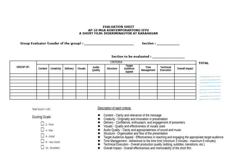 Evaluation Sheet for Short Film Projects | PDF | Human Communication