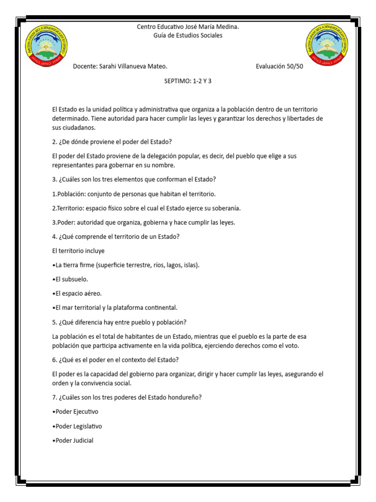 Guia Sociales - Septimo (1) | PDF | Ejecutivo (gobierno) | Estado (política)