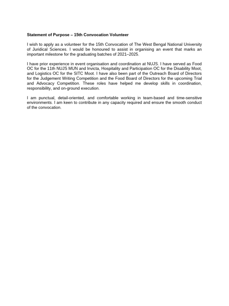 Statement of Purpose – 15th Convocation Volunteer | PDF