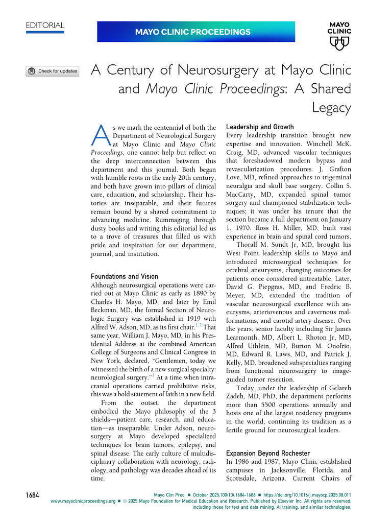 A Century of Neurosurgery at Mayo Clinic | PDF | Neurosurgery | Neurology