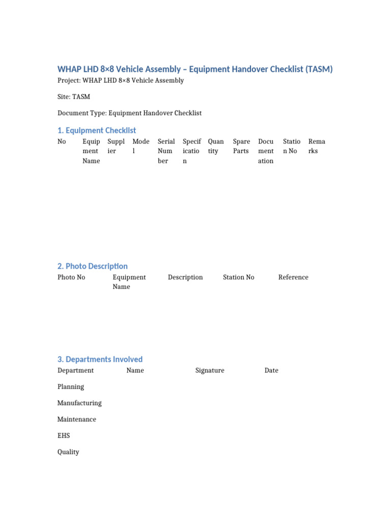 WHAP LHD 8×8 Equipment Handover Checklist | PDF
