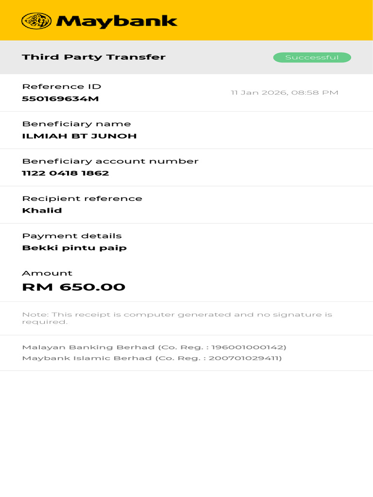 Third Party Transfer Receipt - RM 650.00 | PDF