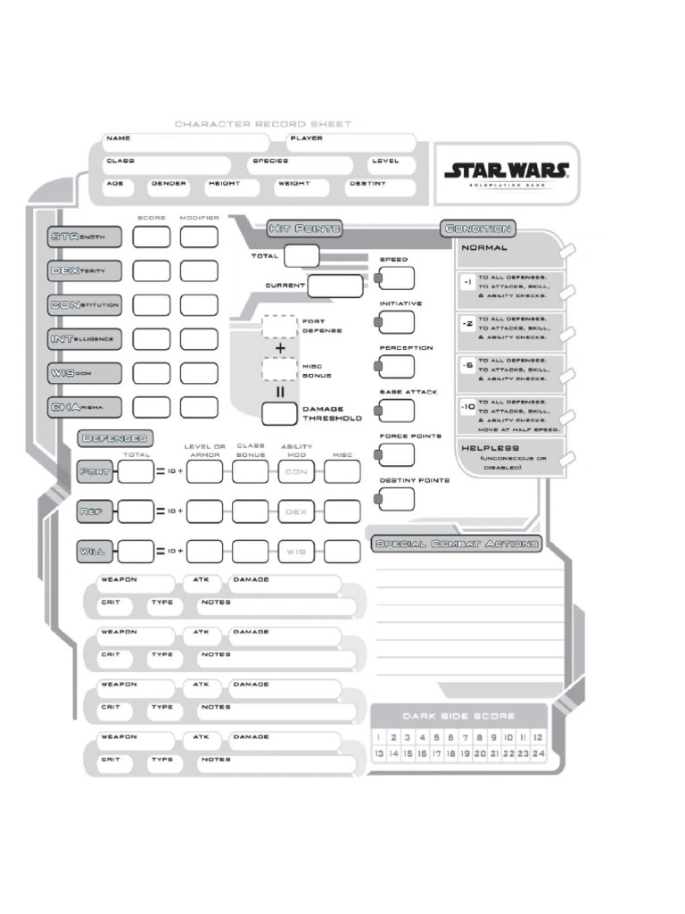 Star Wars Character Sheet Both Side | PDF