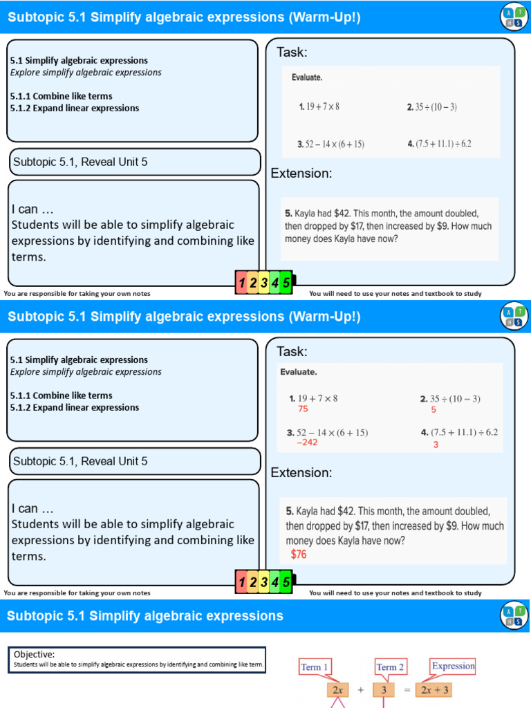 5.1 Simplifying Algebraic Expressions | PDF