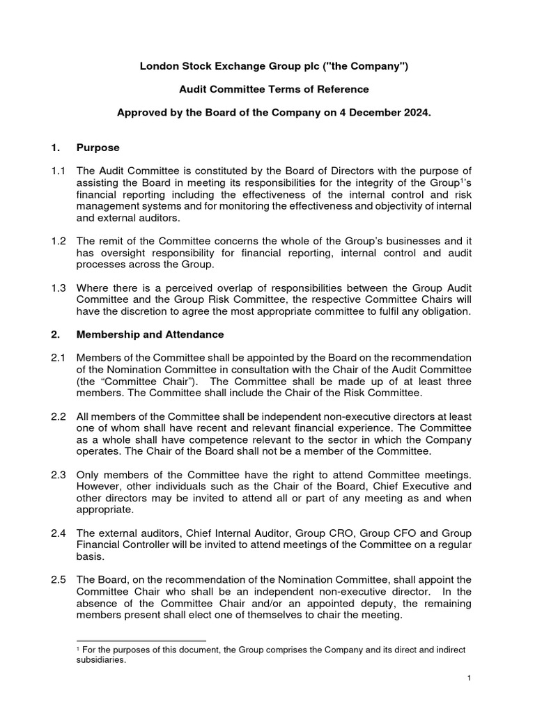Lseg Audit Committee Terms Reference 2024 | PDF | Internal Audit | Audit
