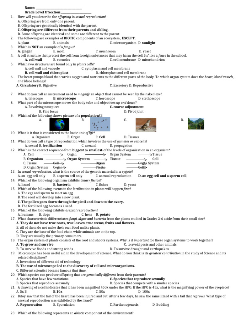 Science Quiz: Cells and Ecosystems | PDF | Fertilisation | Sexual ...