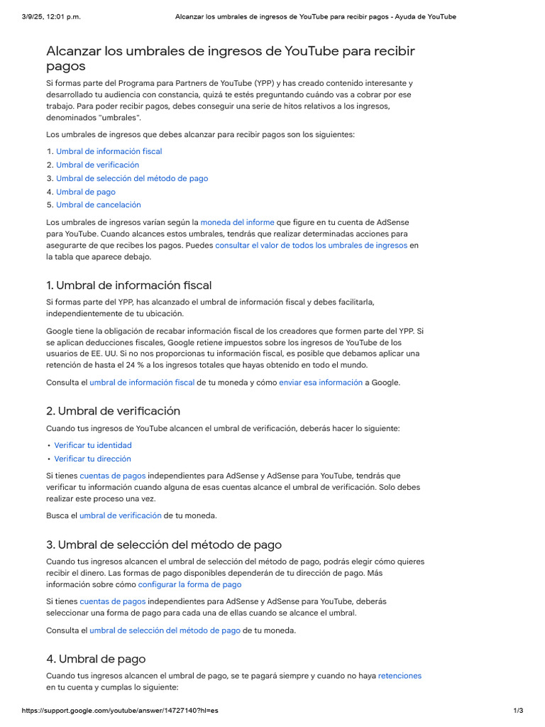 Alcanzar Los Umbrales de Ingresos de YouTube Para Recibir Pagos - Ayuda ...