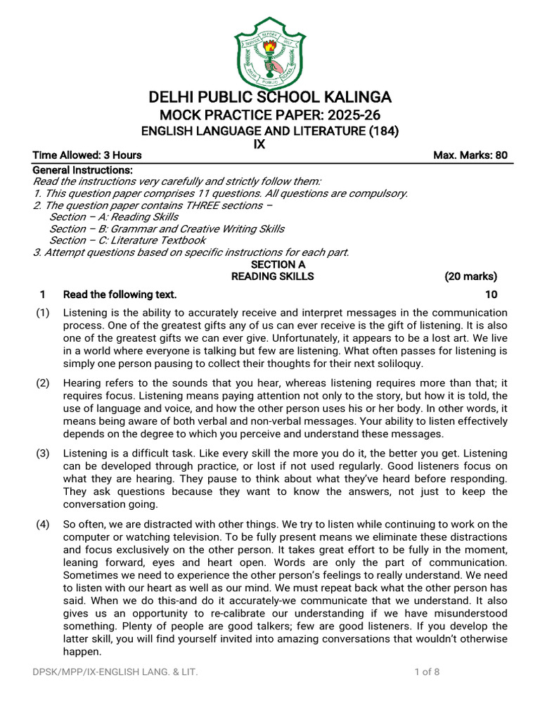 Mock Practice Paper for IX English 2025-26 | PDF