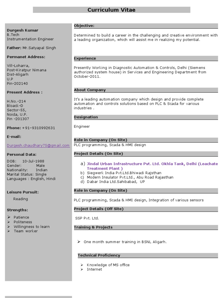 Durgesh Kumar - Instrumentation Engineer CV | PDF